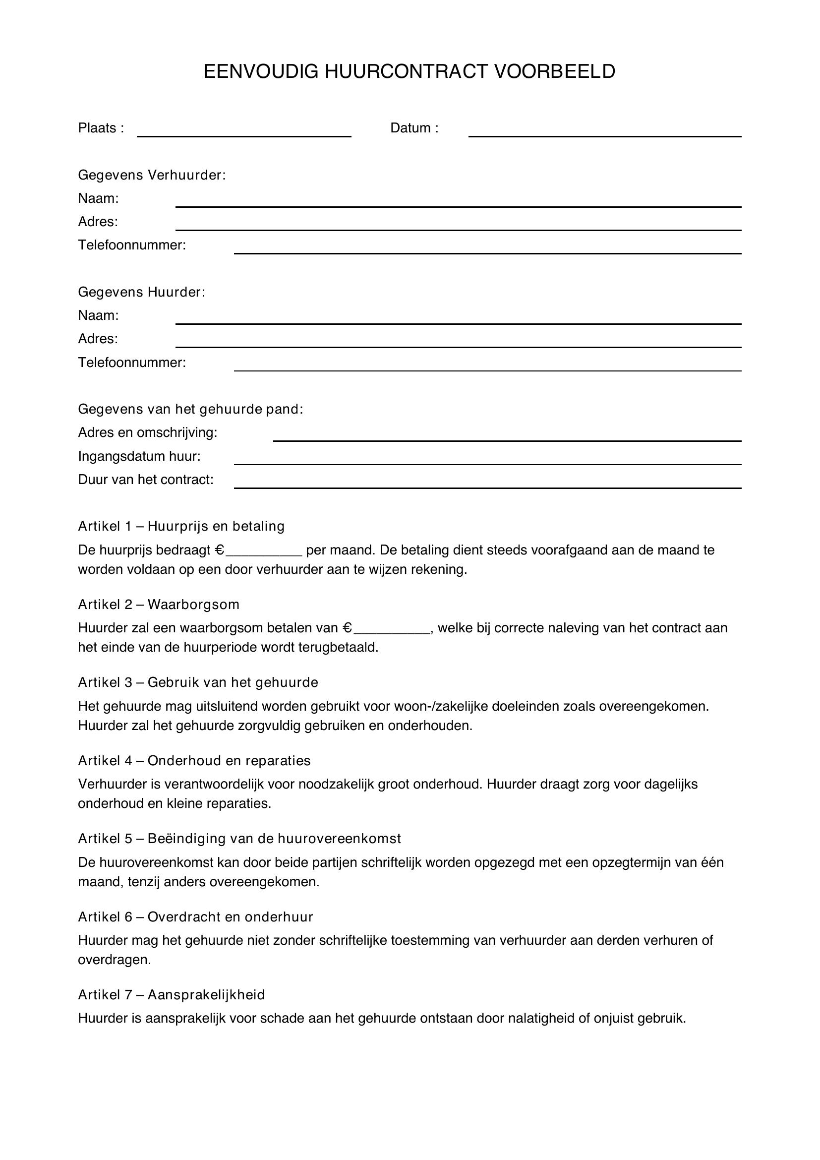 Eenvoudig Huurcontract Voorbeeld